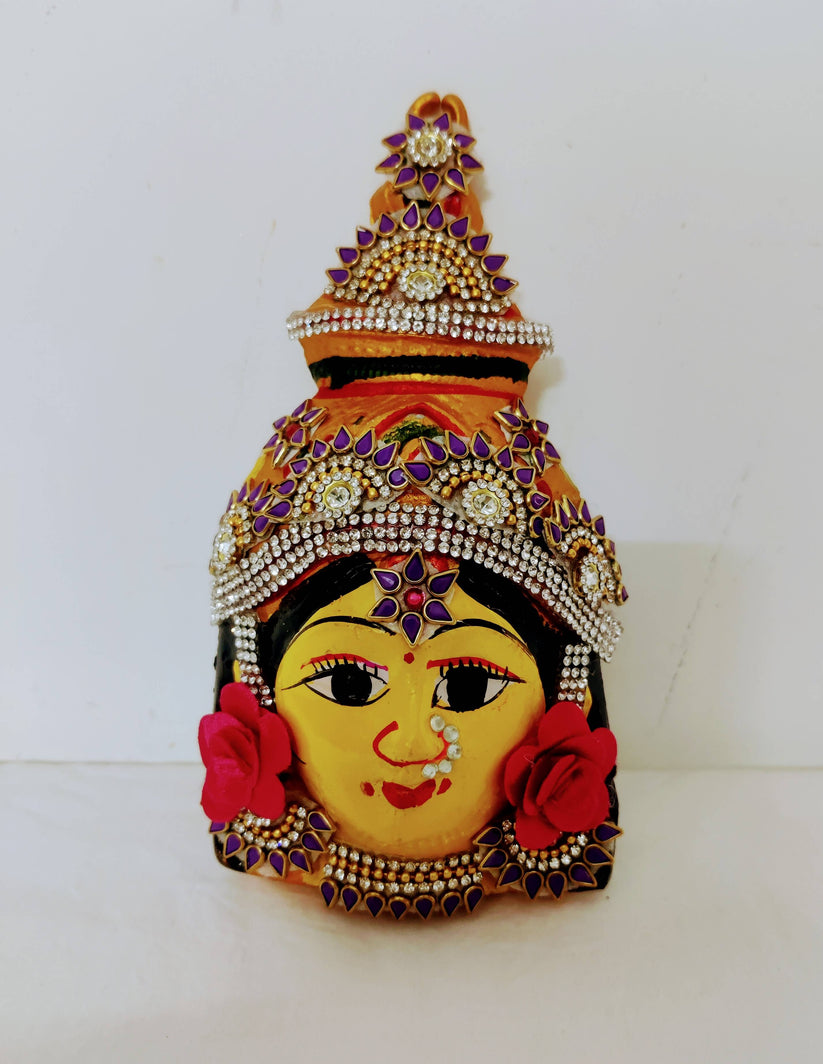 Decorated Yellow Devi Face | Varalakshmi Devi Face – Puja Celebrations